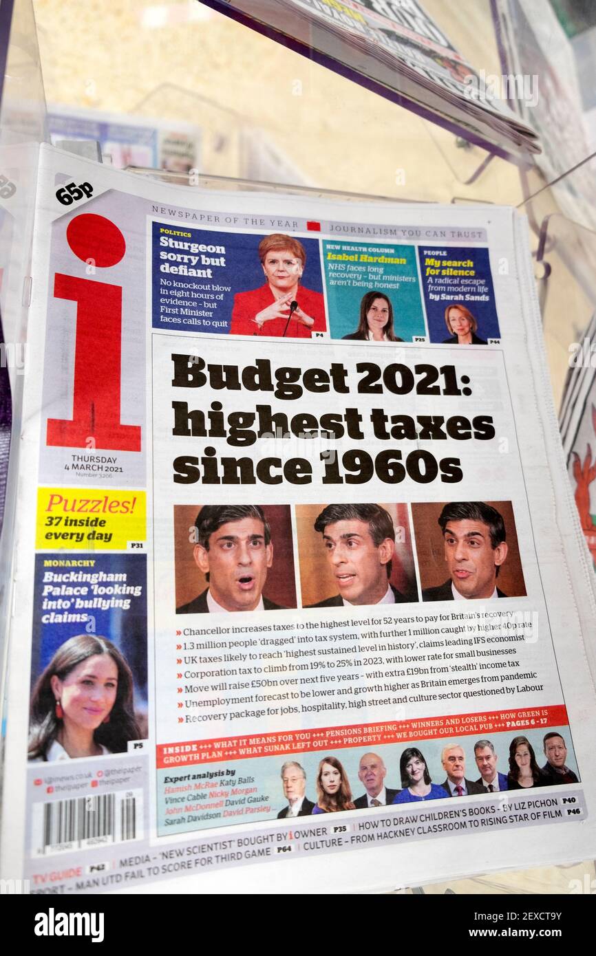 Rishi Sunak "Budget 2021: highest taxes since 1960's" i front page ...