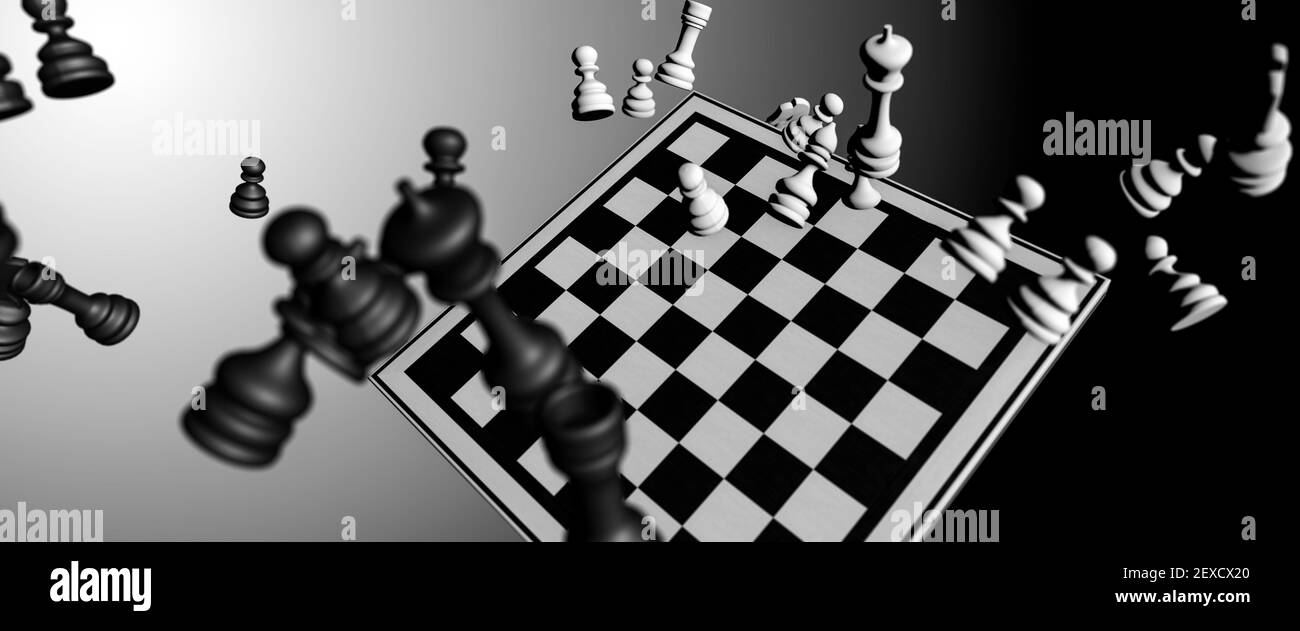 Wooden chess board being thrown with the pieces moving through the air ...