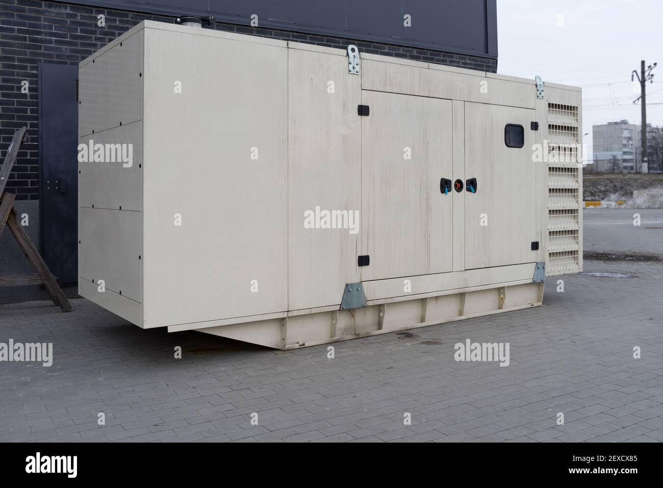 Diesel generator for emergency electric power near the building Stock ...