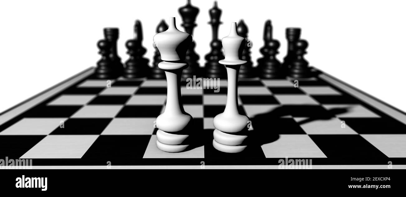 King and queen chess pieces on a chessboard facing opposition concept ...