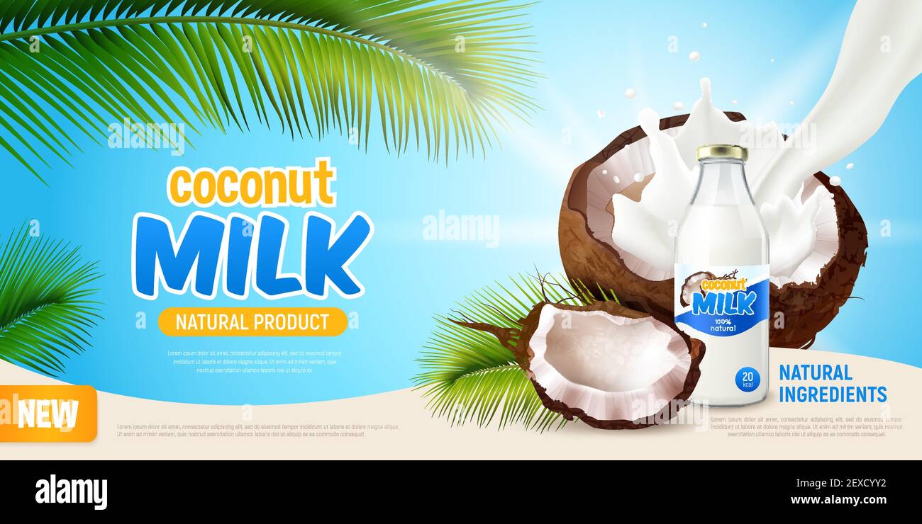 Coconut milk realistic poster with advertising of natural product green ...