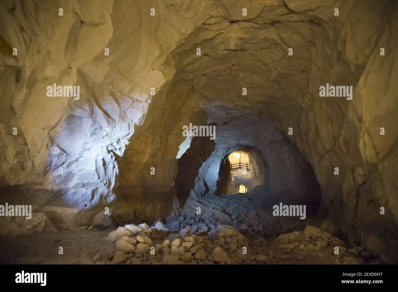 A look down a chasm from a wooden bridge 900 feet in from the entrance of the Hazel-Atlas Mine ...