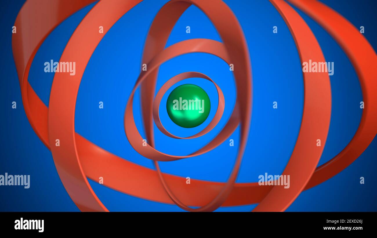 Circular orange rings orbiting around a green sphere in an abstract ...