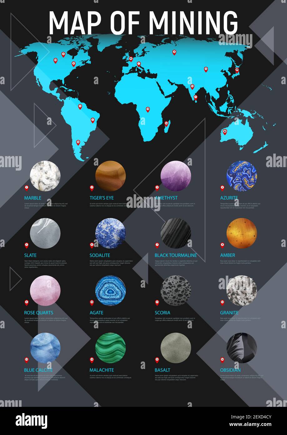 Realistic stone map mining poster with map of mining headline and ...