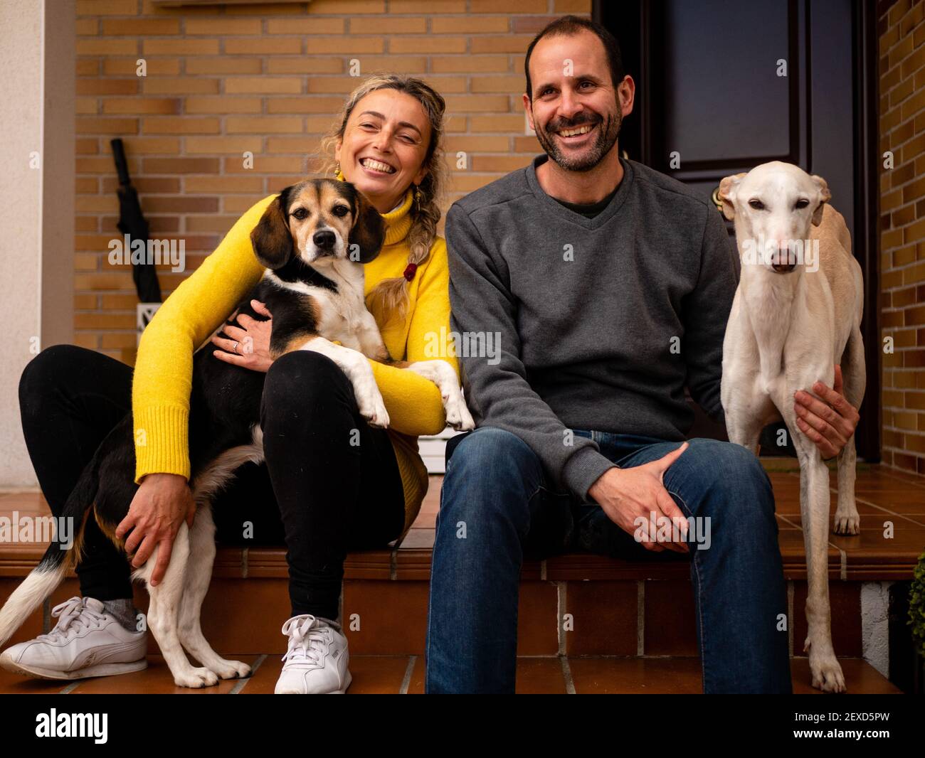 A couple smiling while posing with their two dogs Stock Photo - Alamy