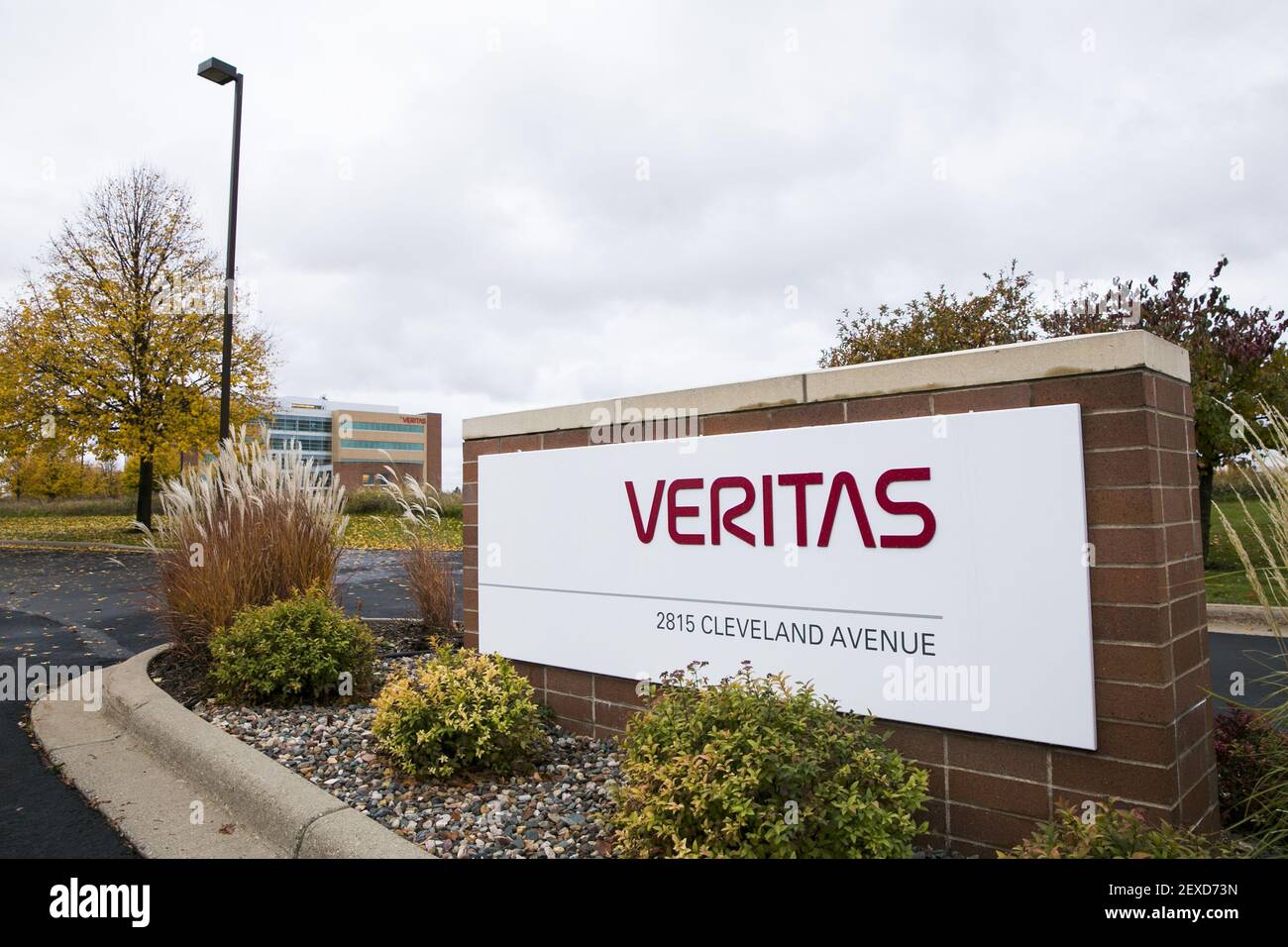 A logo sign outside of a facility occupied by Veritas Technologies ...