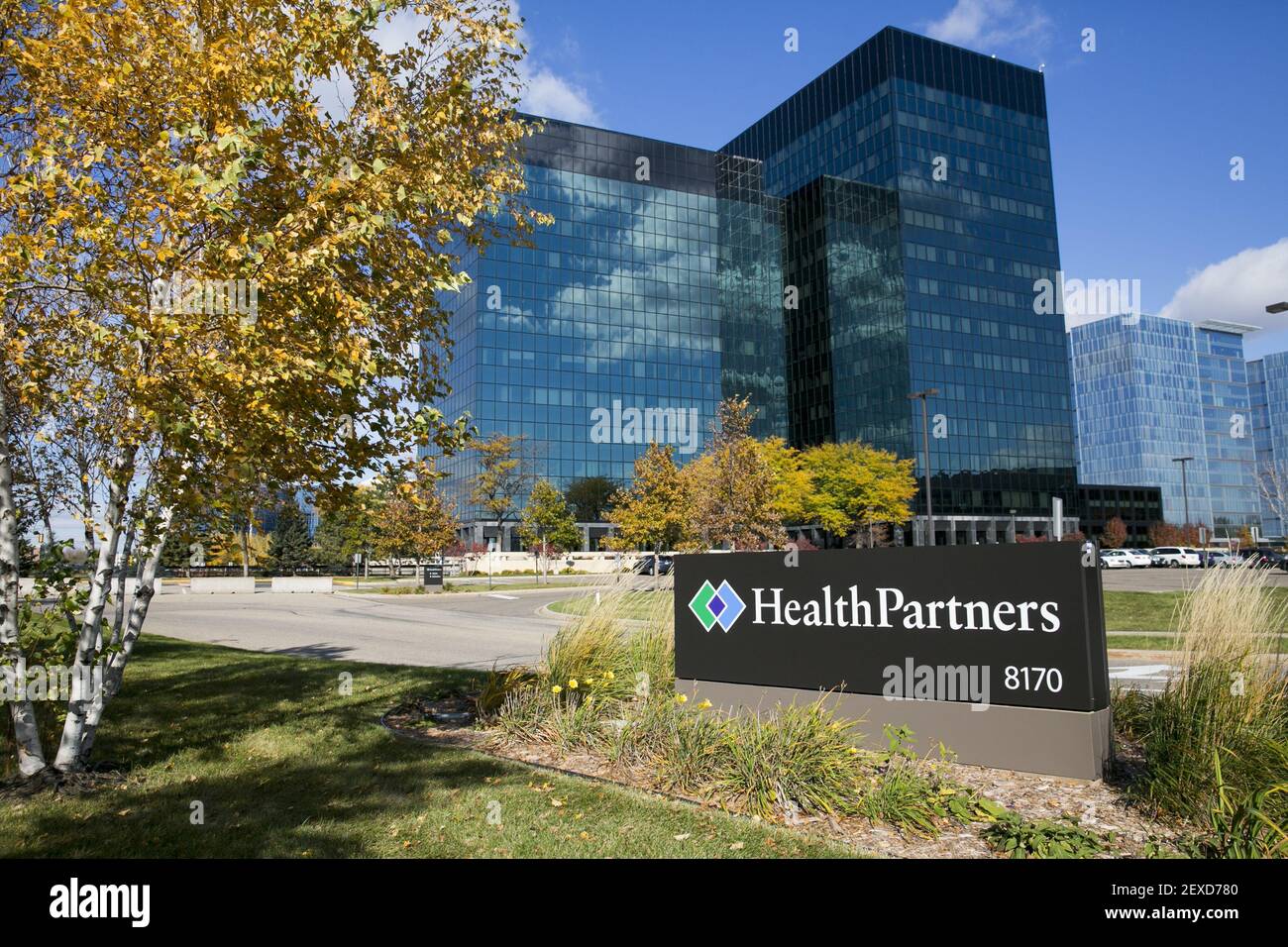 A logo sign outside of the headquarters of HealthPartners in ...