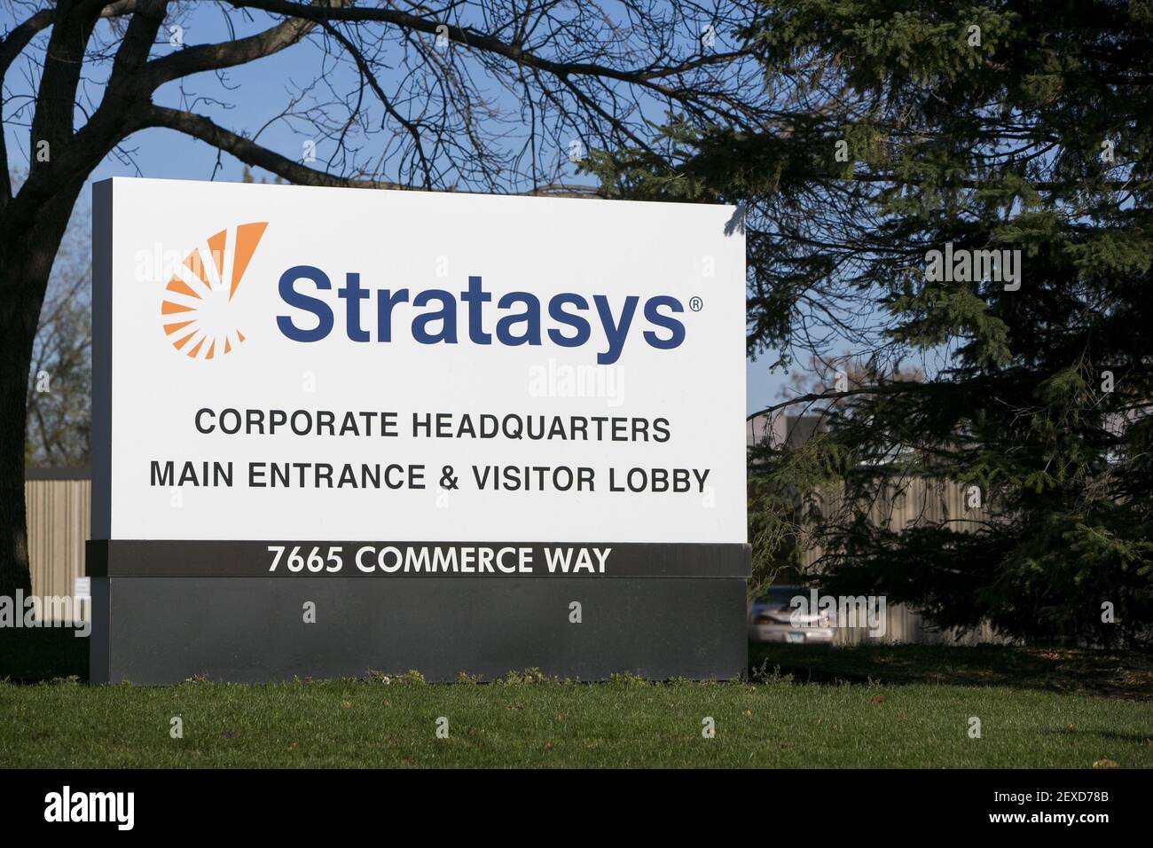 A logo sign outside of the headquarters of Stratasys Ltd., in Eden ...
