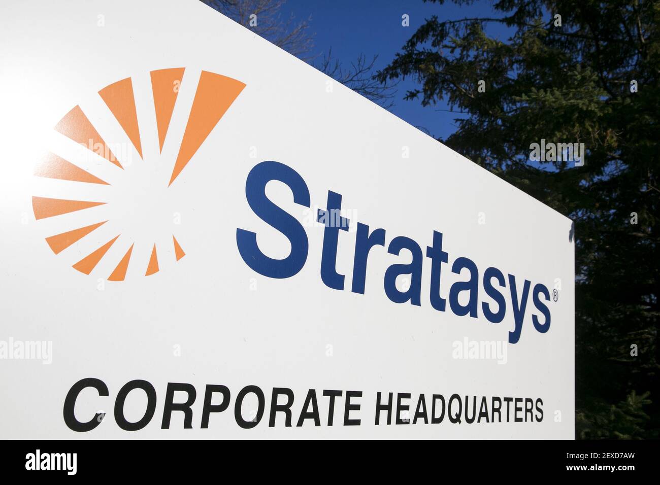 A logo sign outside of the headquarters of Stratasys Ltd., in Eden ...