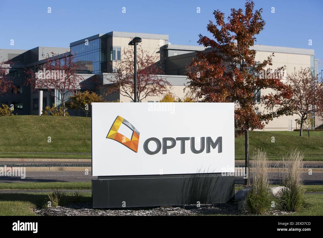 A logo sign outside of the headquarters of Optum in Eden Prairie ...