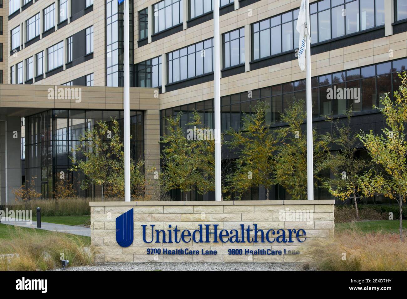 A logo sign outside of the headquarters of UnitedHealthcare in ...