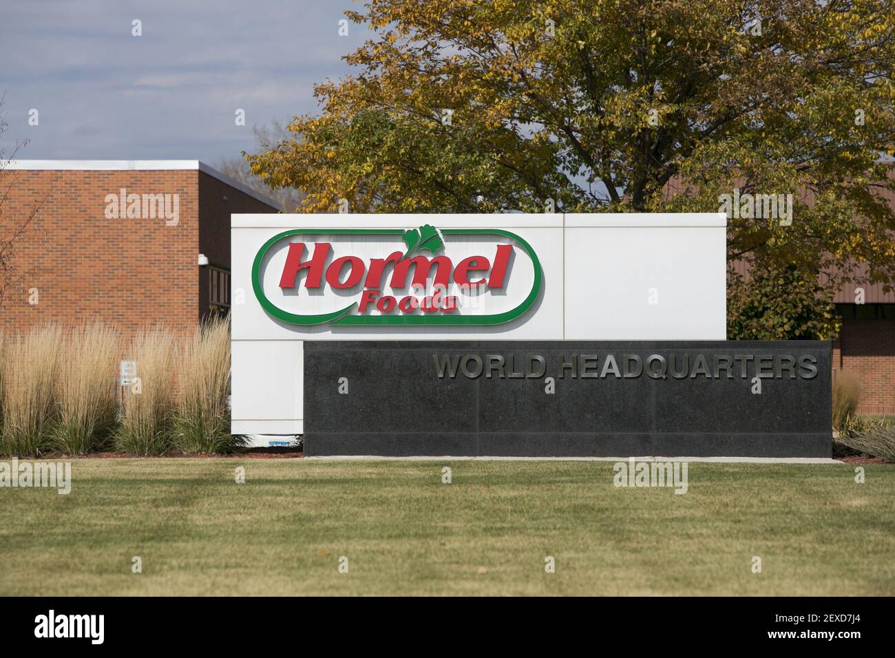 A logo sign outside of the headquarters of the Hormel Foods Corporation ...