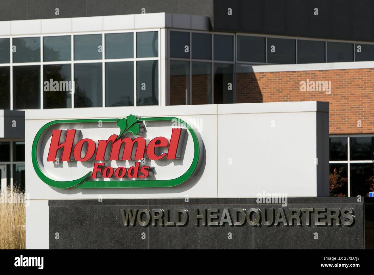 A logo sign outside of the headquarters of the Hormel Foods Corporation ...