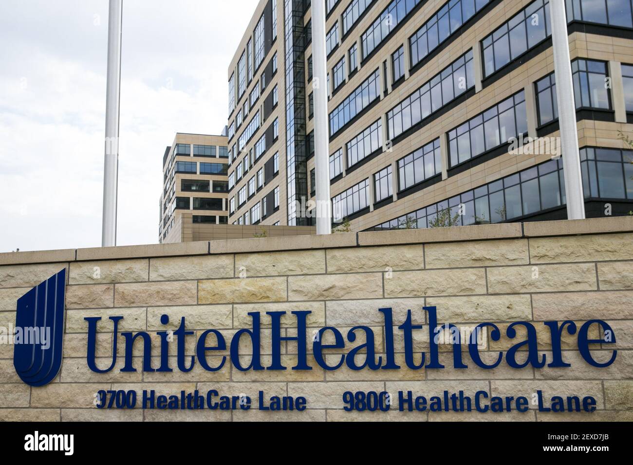 A logo sign outside of the headquarters of UnitedHealthcare in ...