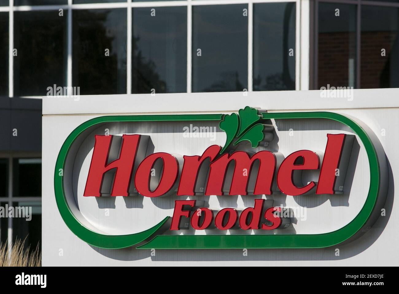 A logo sign outside of the headquarters of the Hormel Foods Corporation ...
