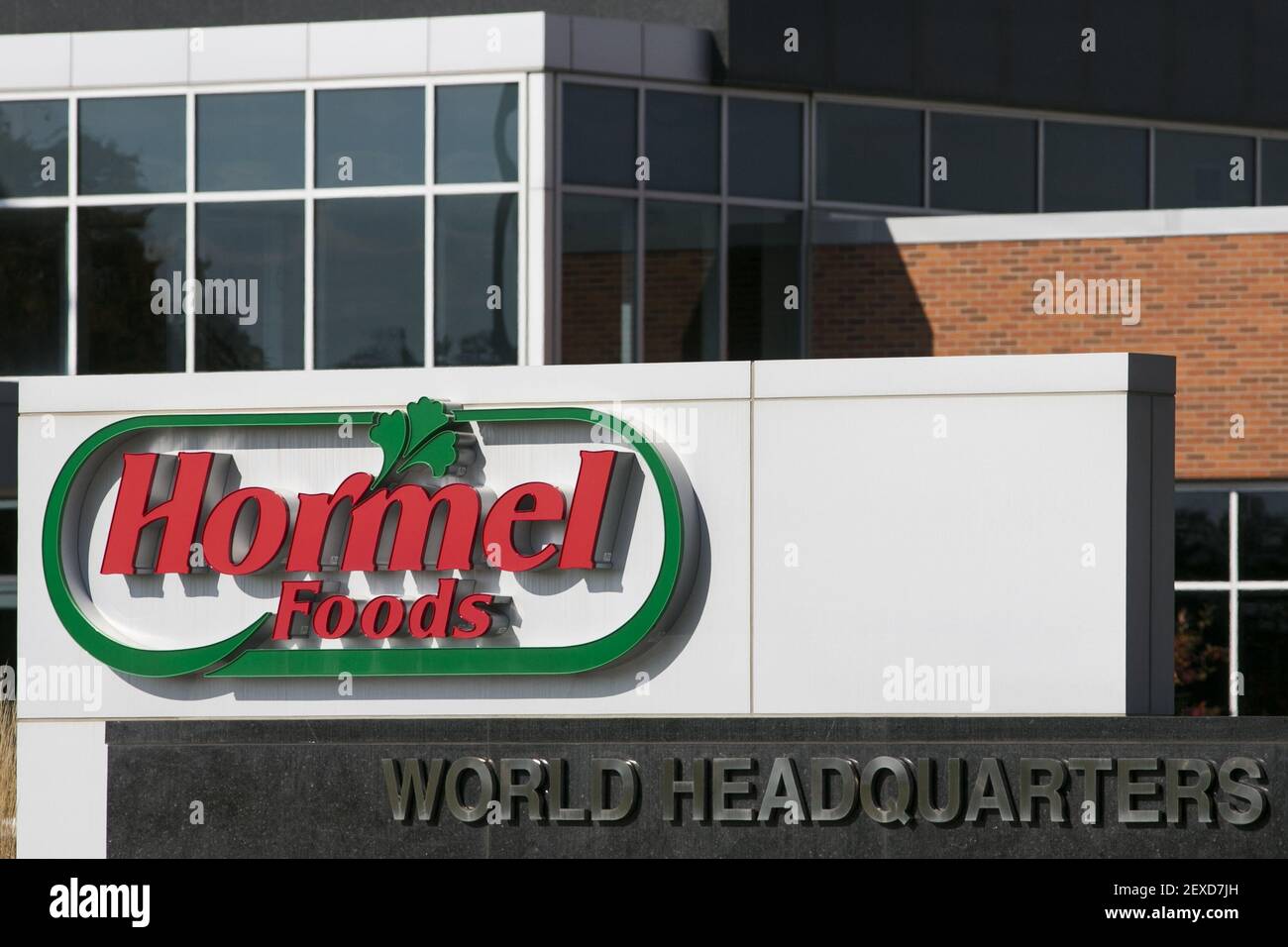 A logo sign outside of the headquarters of the Hormel Foods Corporation ...