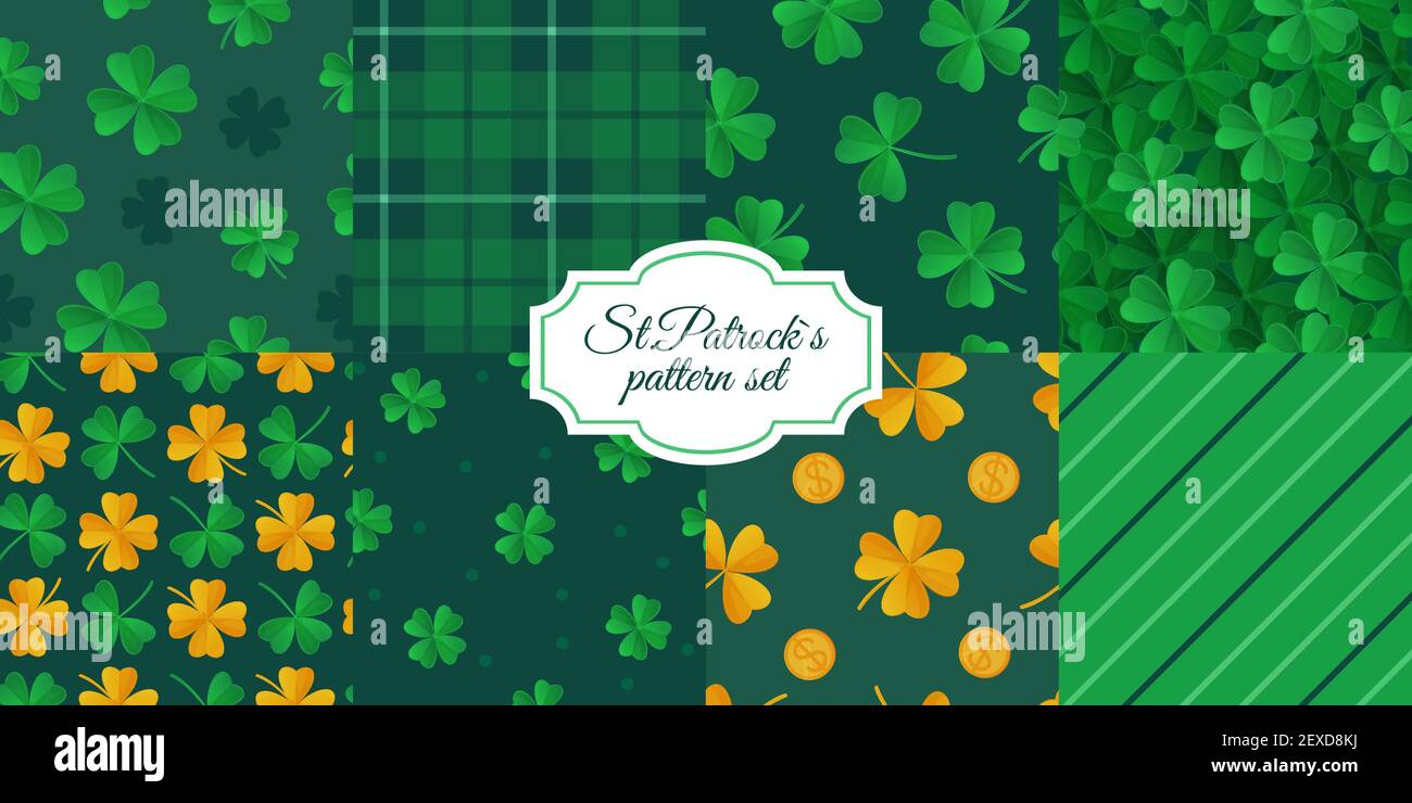 St. Patrick's Day seamless pattern set. Green textures with plaid ...