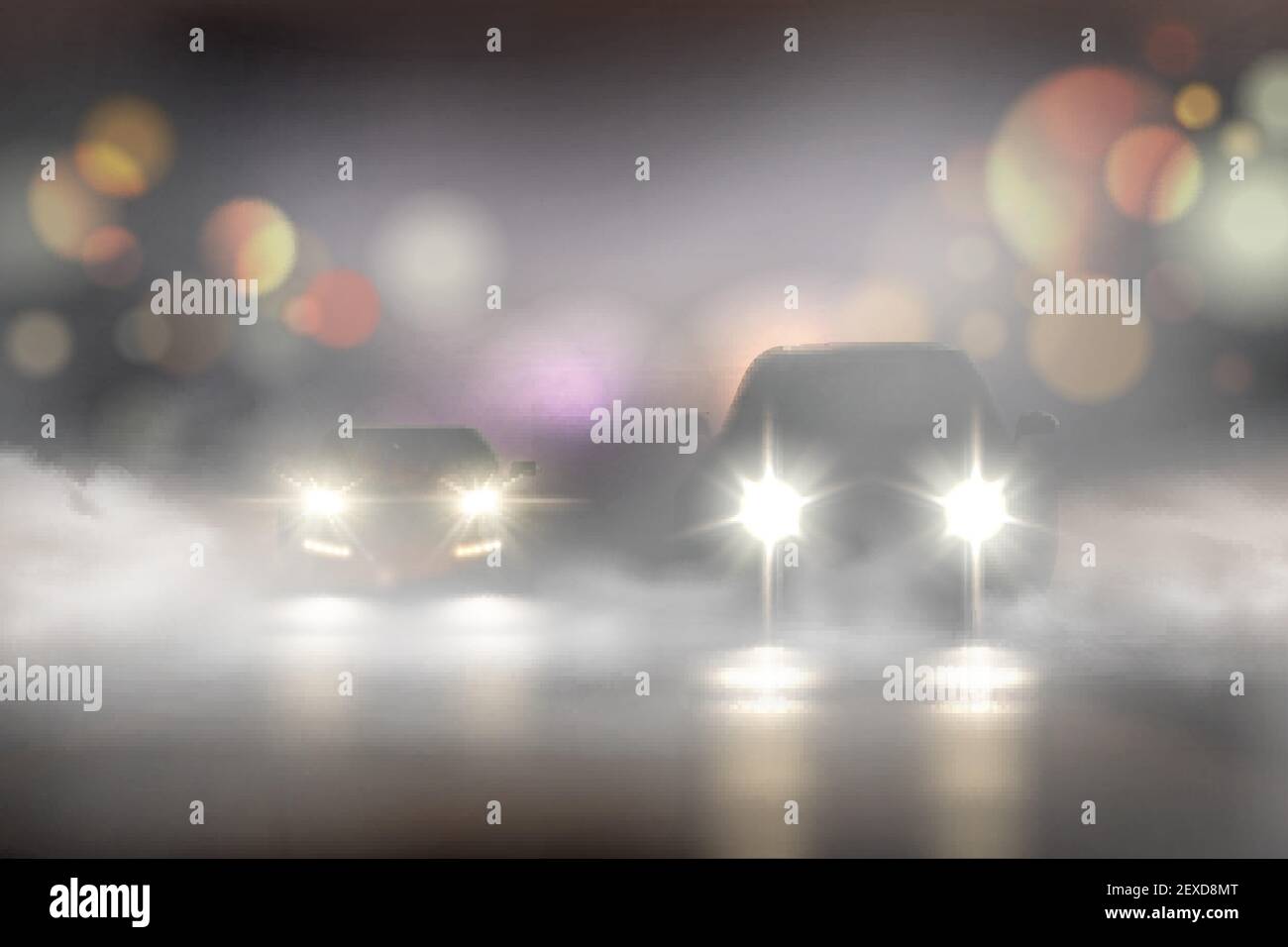 Realistic car lights in fog composition with two cars on the road and bokeh texture vector ...