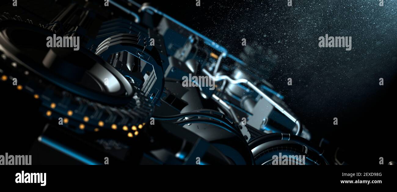 Futuristic science fiction machines with lit up generators in a dark ...