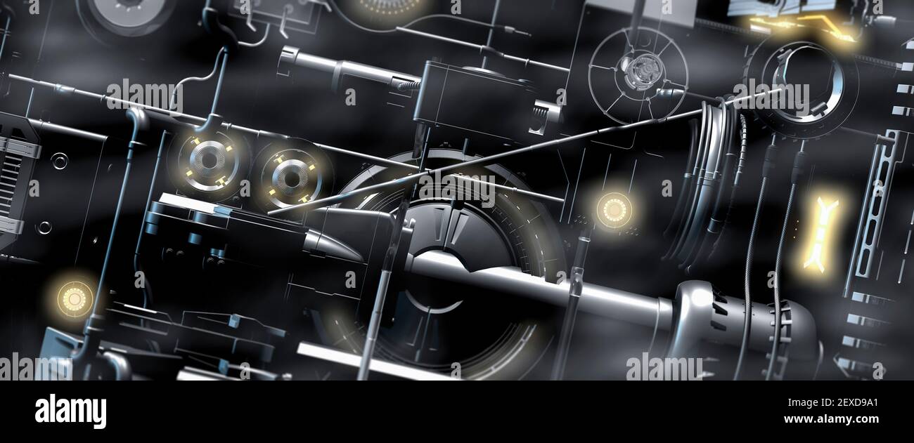 Futuristic science fiction machines with lit up generators in a dark ...