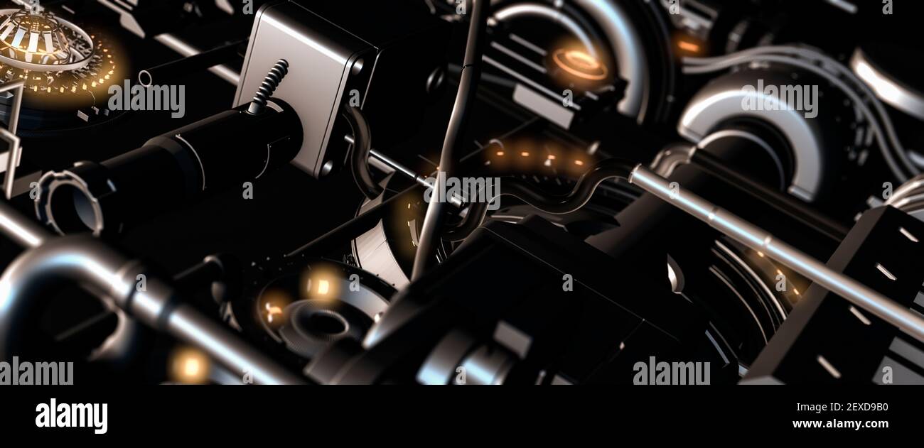 Futuristic science fiction machines with lit up generators in a dark ...