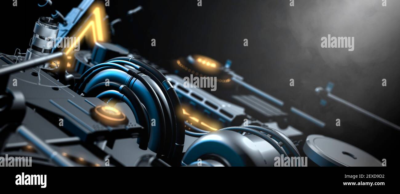 Futuristic science fiction machines with lit up generators in a dark ...