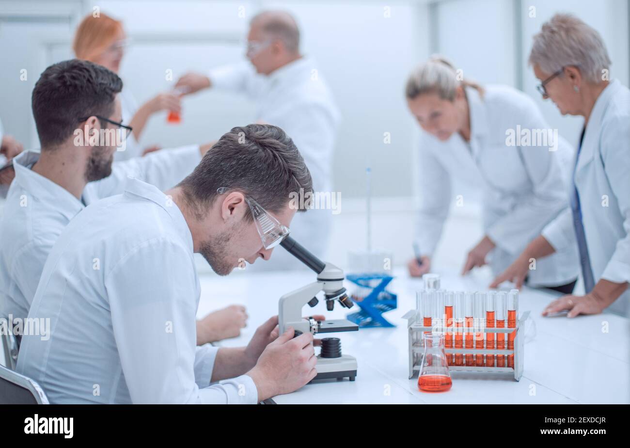 group of scientists using microscopes to study blood Stock Photo - Alamy