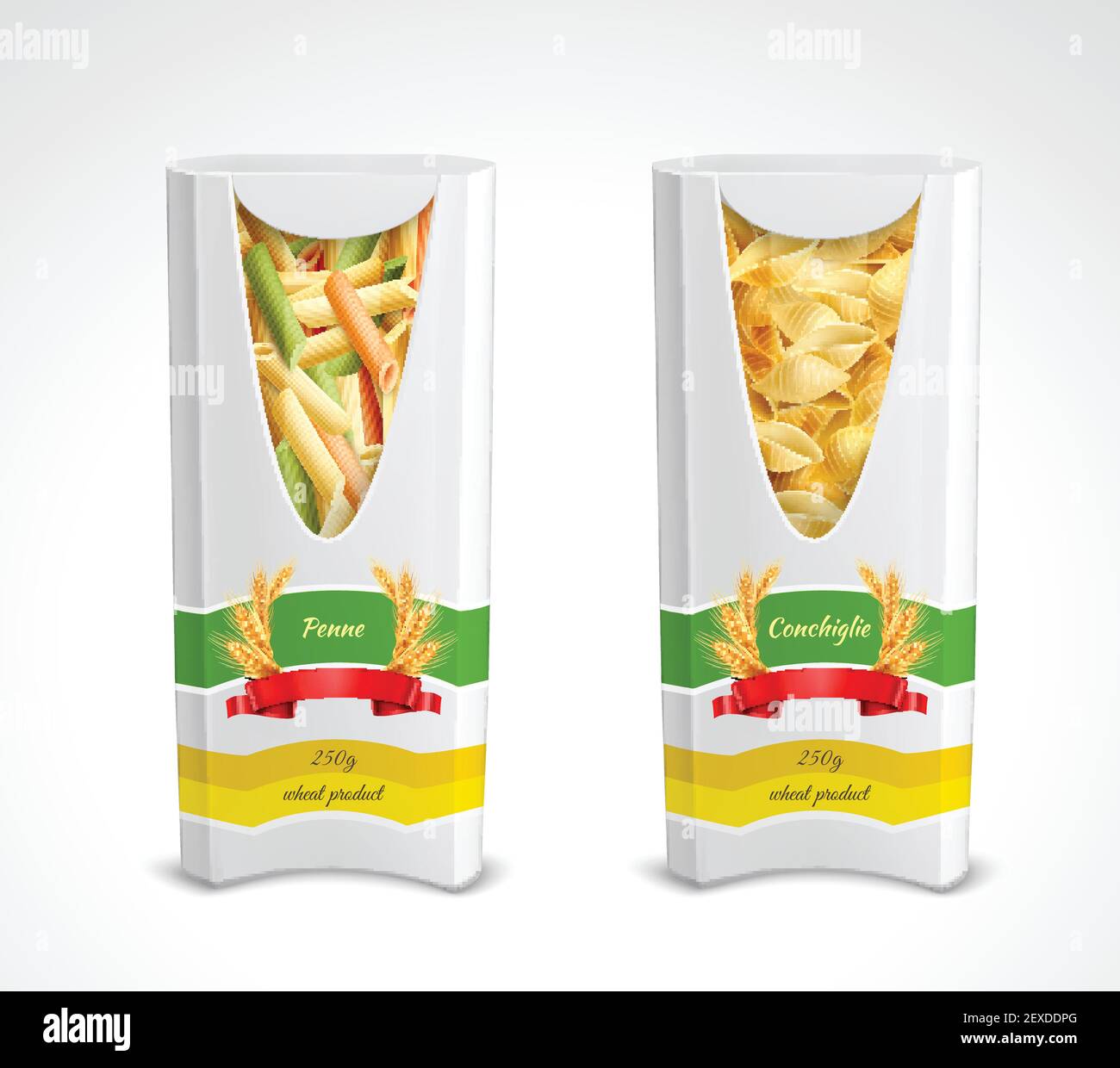 Pasta package realistic icon set two colored pack with penne and ...
