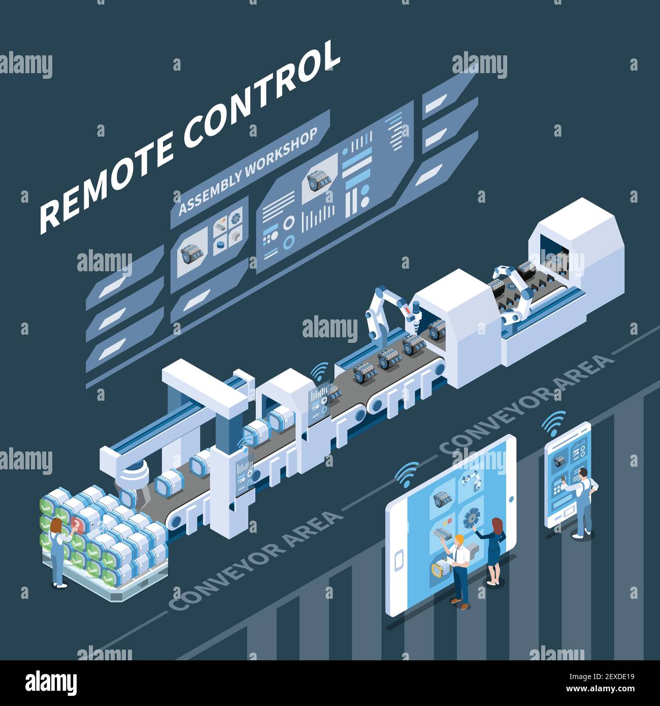 Smart industry isometric composition with remote control of conveyor ...
