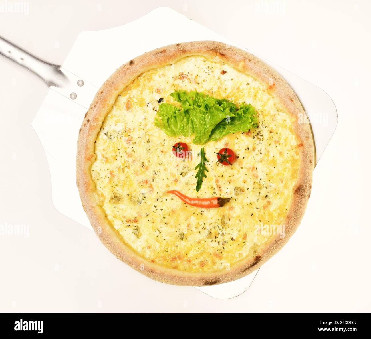 Four cheeses pizza with crunchy edge. Quattro formaggi with face made ...