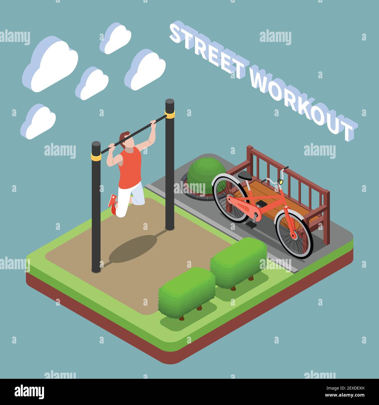 Outdoor exercises isometric composition with young man during pulling ...
