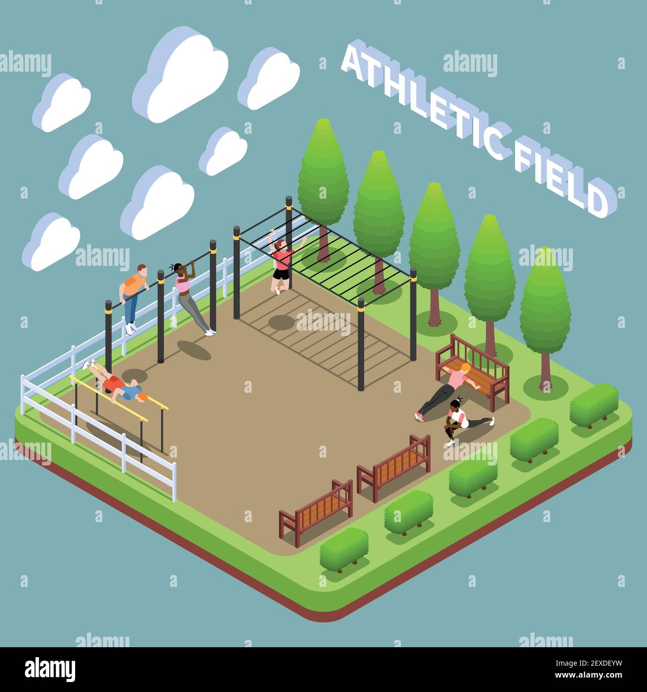 Human characters during outdoor exercises at sports ground isometric ...