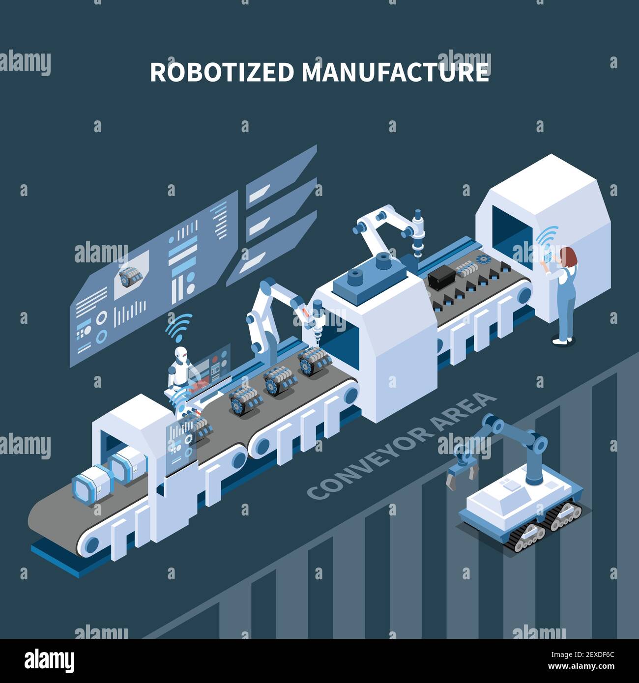 Robotized manufacturing isometric composition with automated conveyor robotic equipment ...