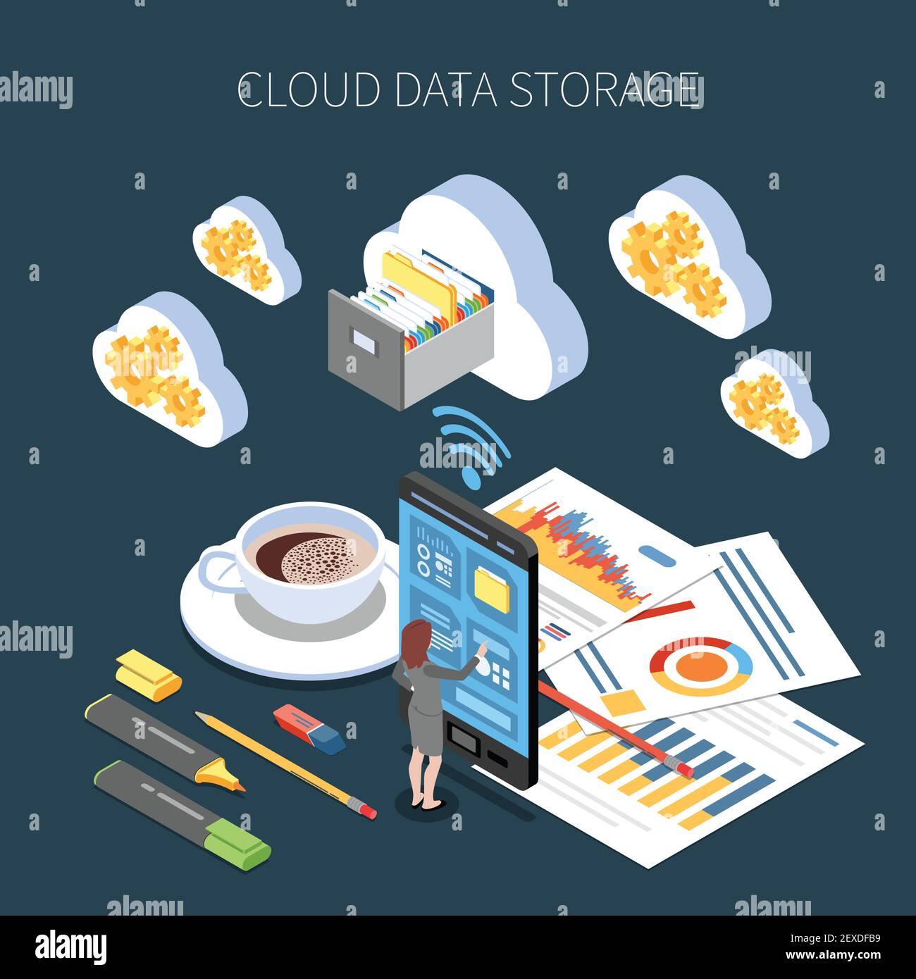 Cloud storage service isometric composition with saving of working ...