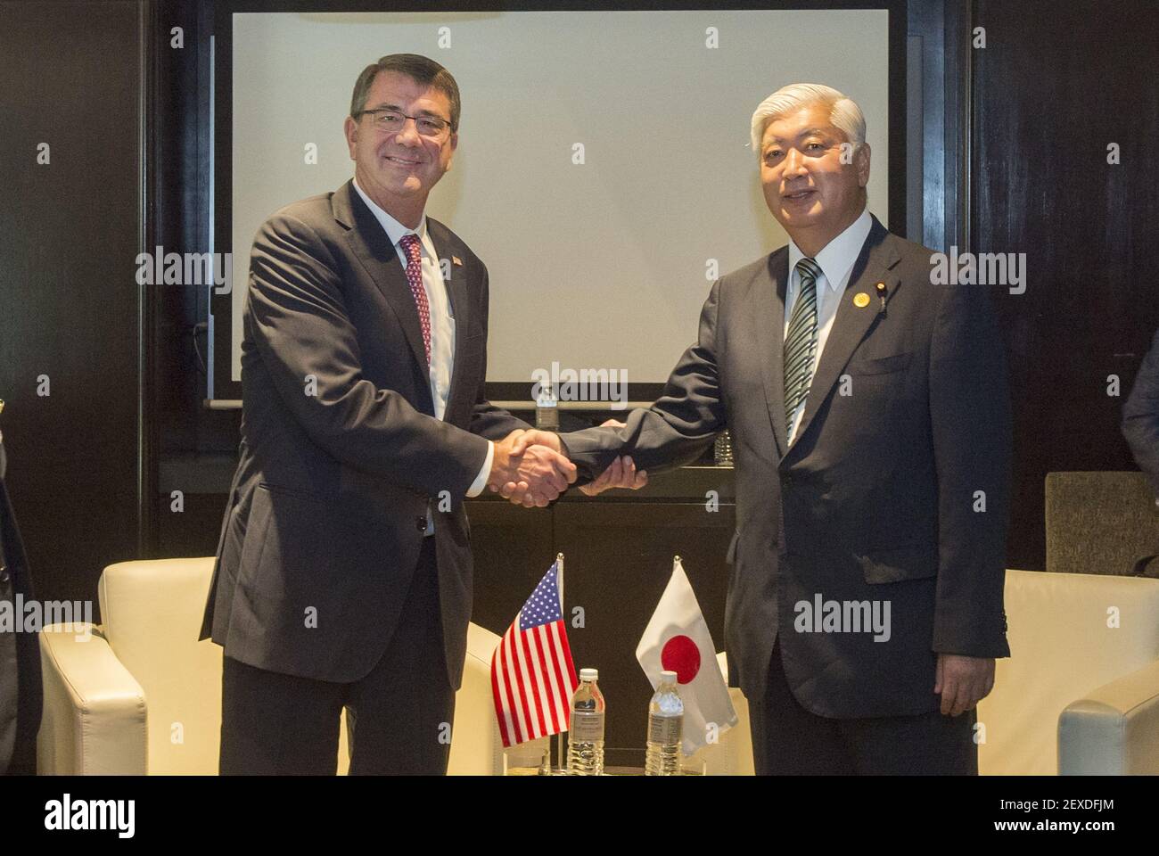 Secretary of Defense Ash Carter greets Japanese Minister of Defense Gen ...