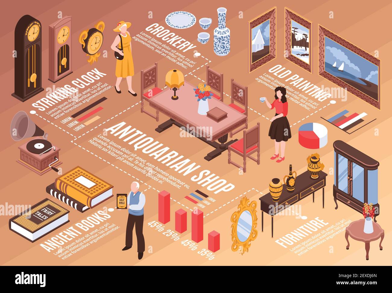 Antiquarian shop infographics with ancient books striking clocks old ...