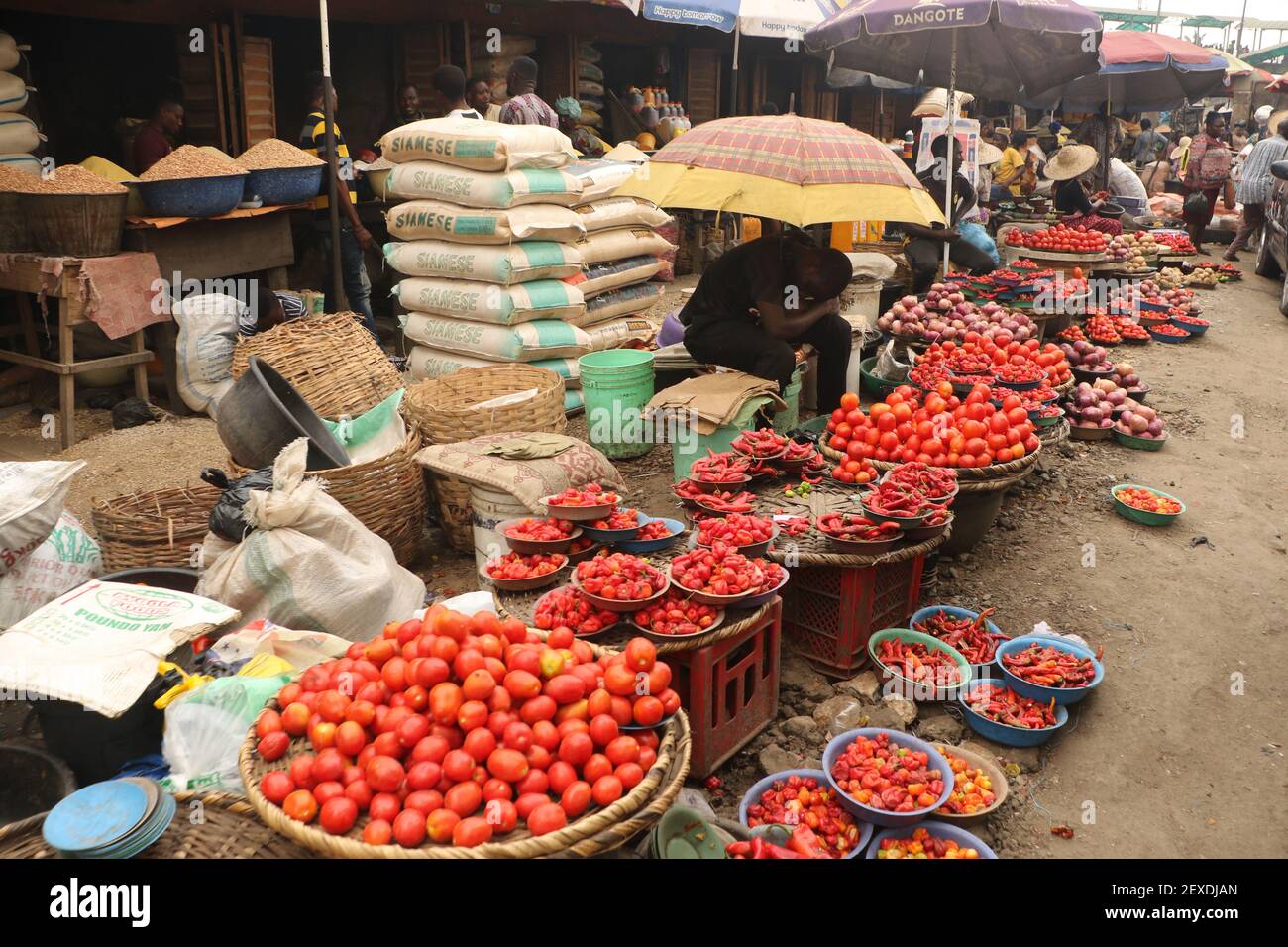 Tomatoes and pepper are displayed for sale at the Lagos food market in ...