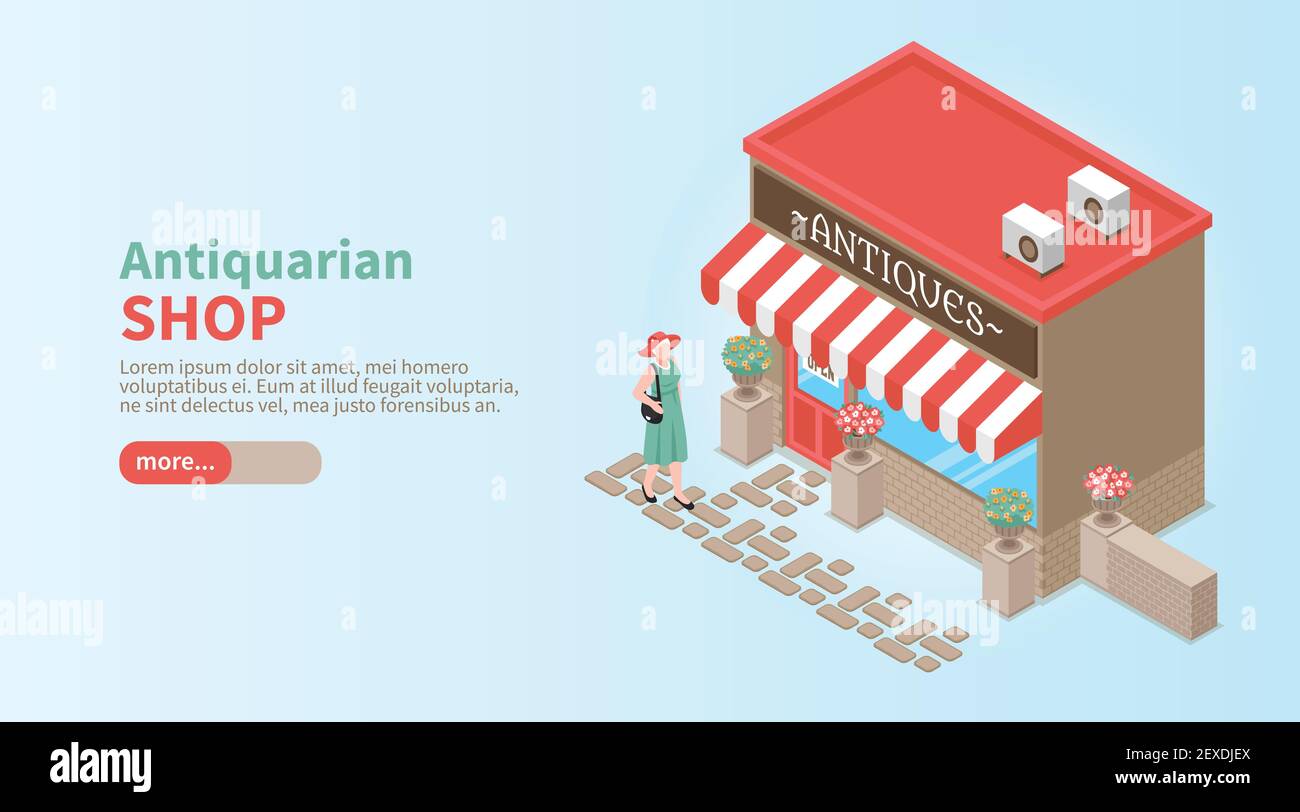 Antiquarian shop horizontal banner with elegant woman coming to shop ...