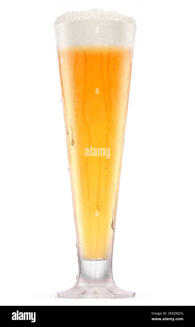 Frosty glass of fresh light beer with bubble froth isolated on white ...