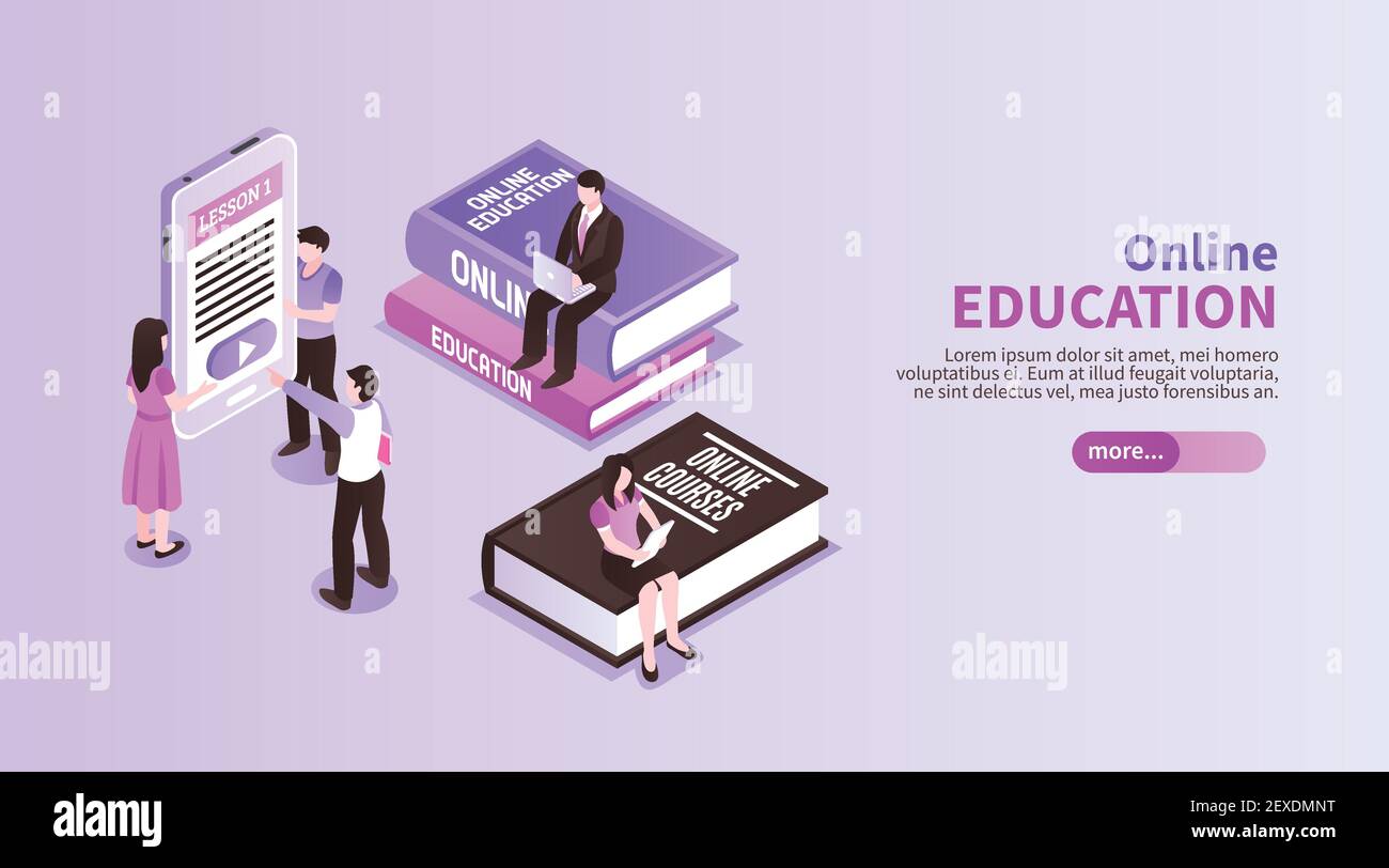 Online education horizontal banner with small people figurines sitting ...
