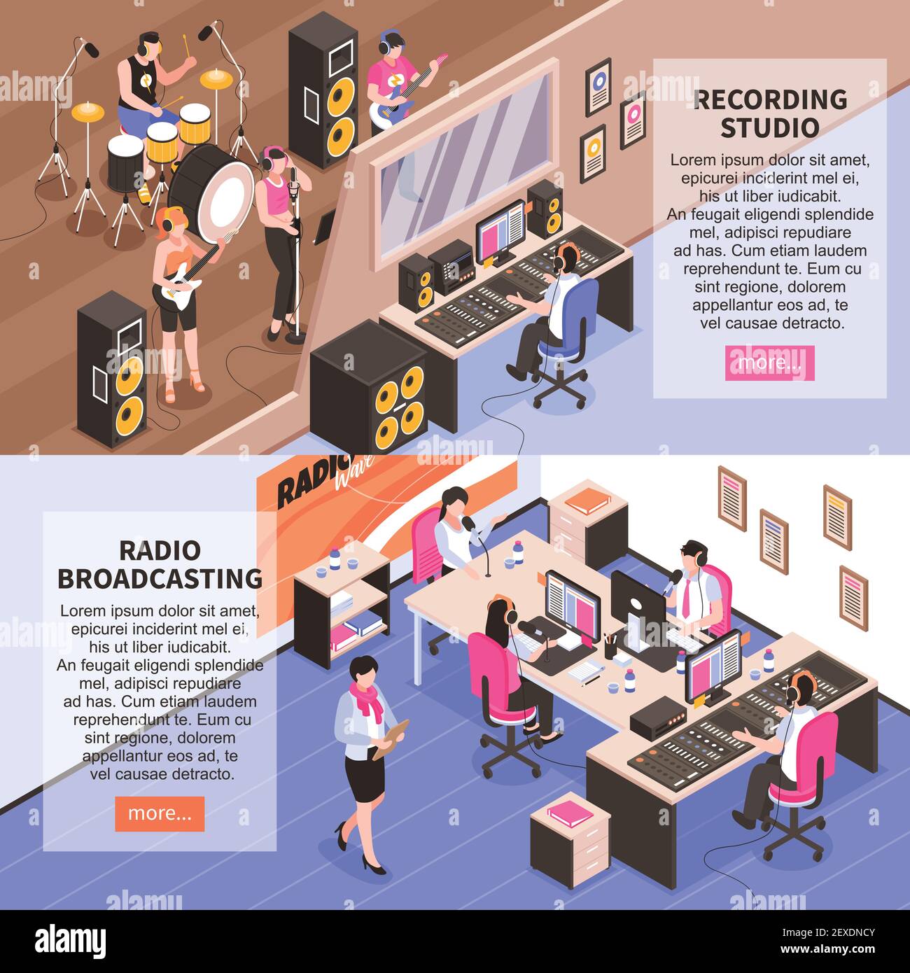 Recording studio and radio broadcasting horizontal banners with music ...