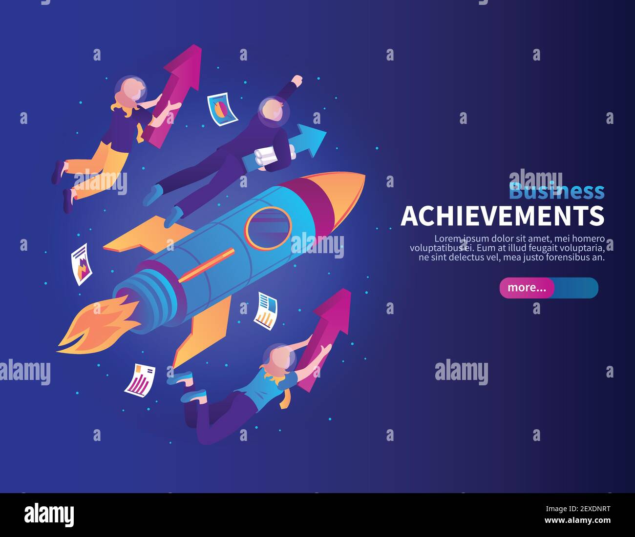 Business achievements color background with rocket and people flying to ...