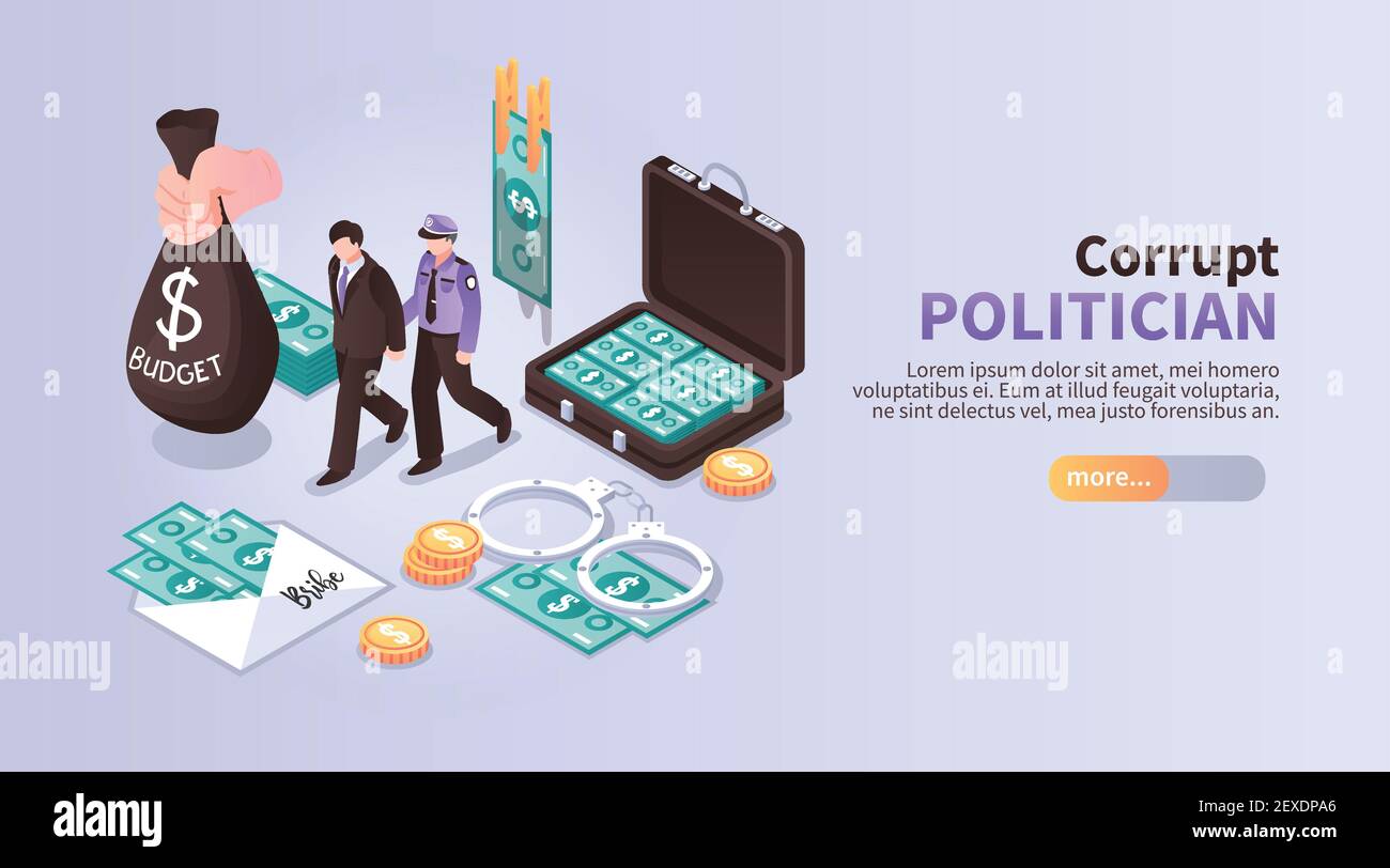 Corrupt politician horizontal banner with set of isometric icons ...