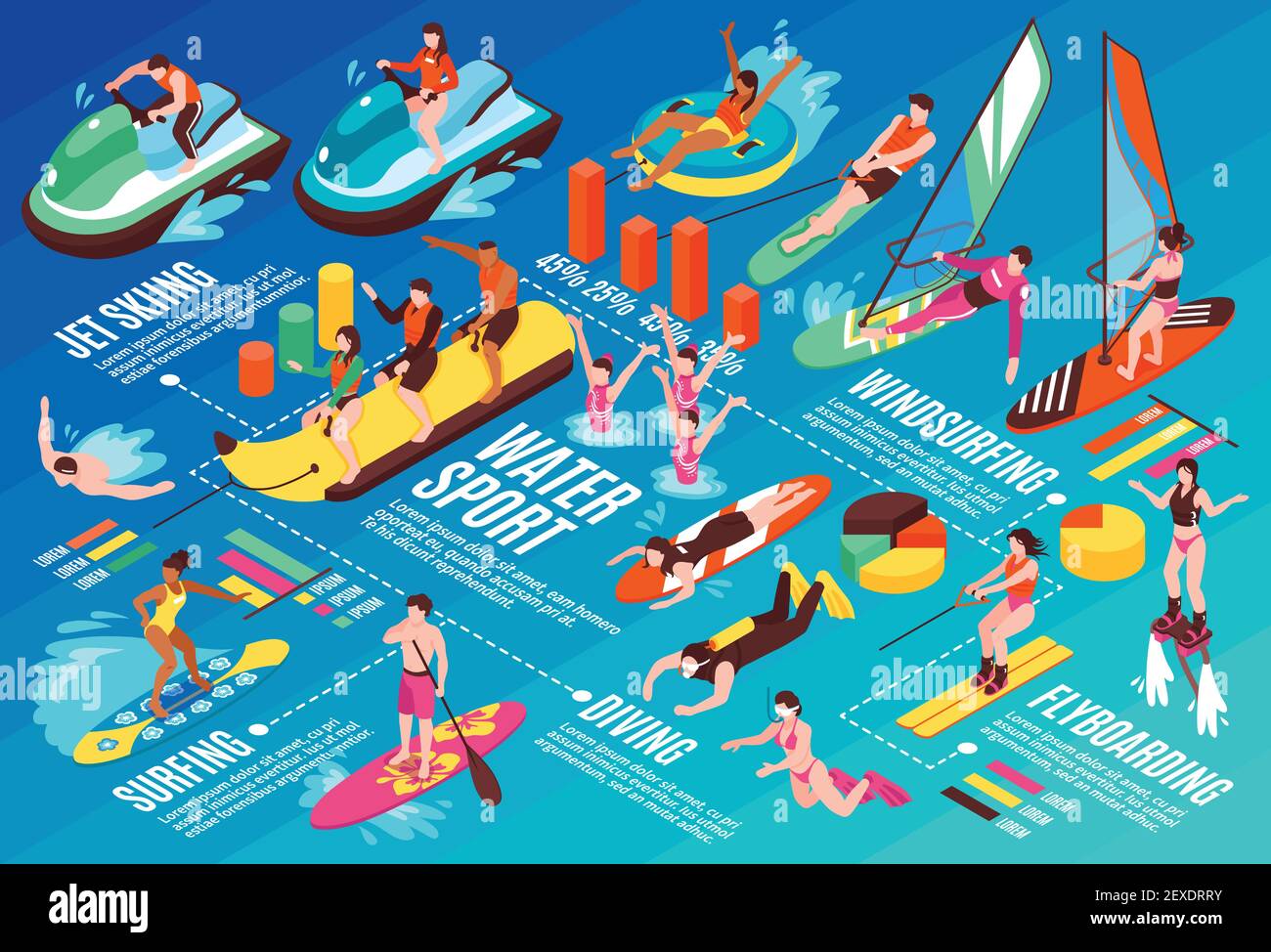Water sport infographics layout with diving surfing flyboarding jet ...