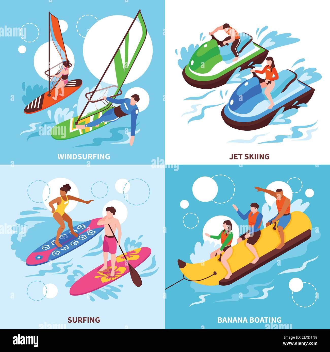 Water sport 2x2 design concept set of windsurfing jet skiing banana ...