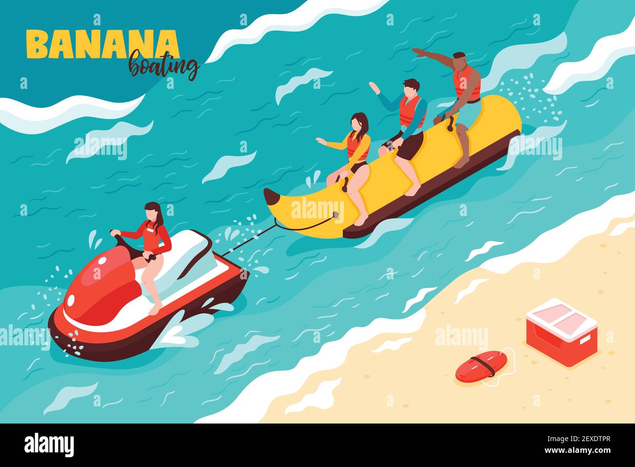 Summer water sport isometric vector illustration with group of people ...