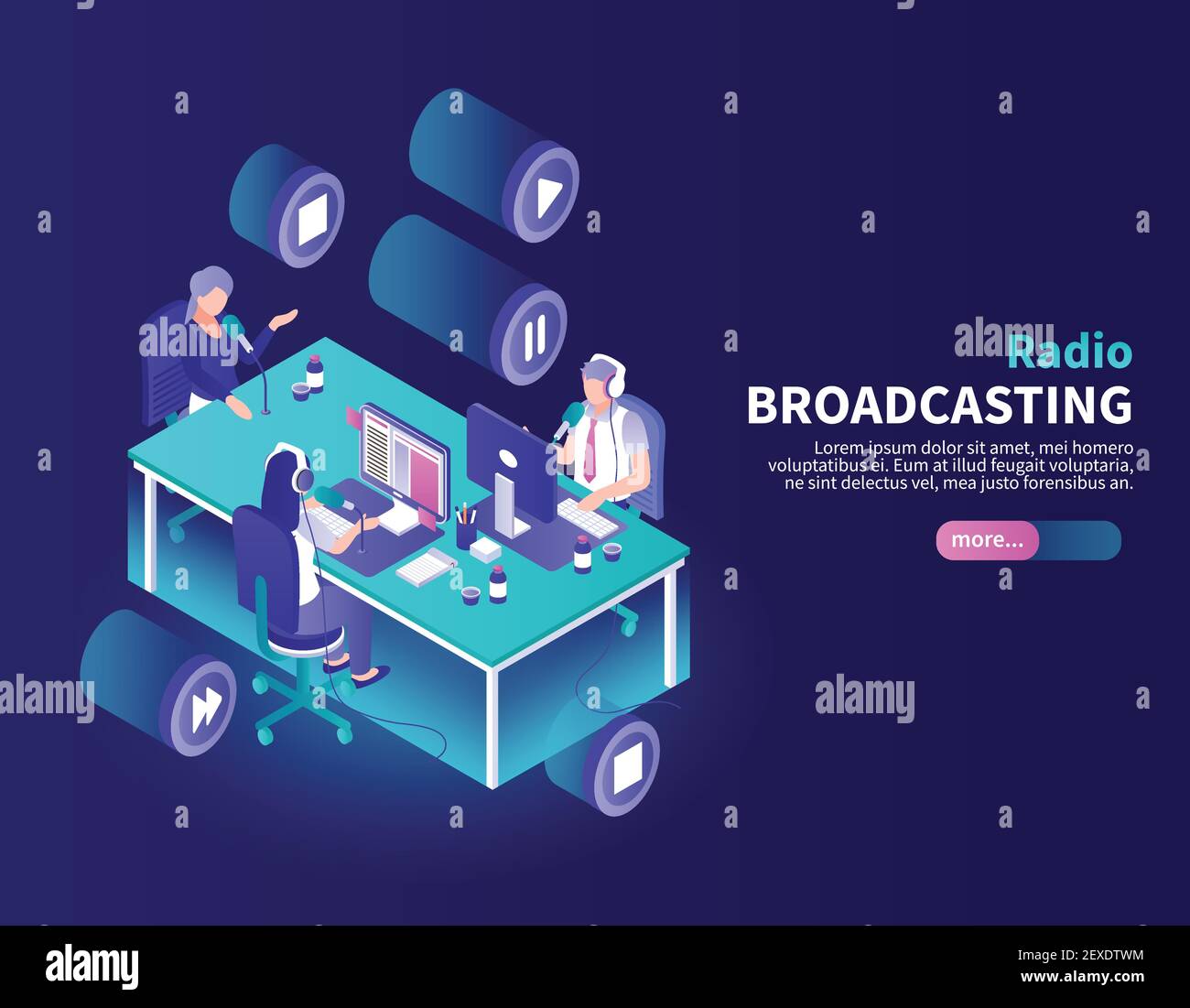 Radio broadcasting color background with announcer and newscasters at ...