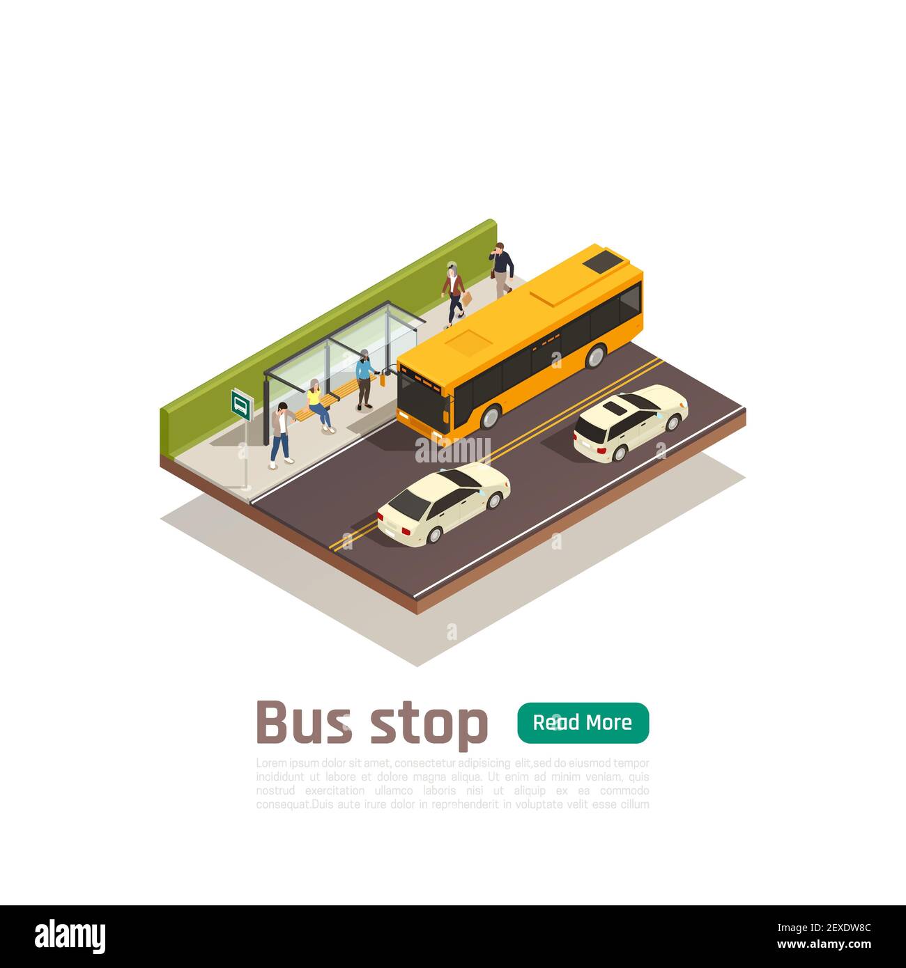 Isometric colored city composition with bus stop headline people sit on ...