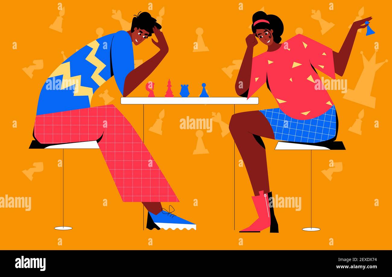 Chess game. Trendy flat illustration. People play chess.Teamwork and ...