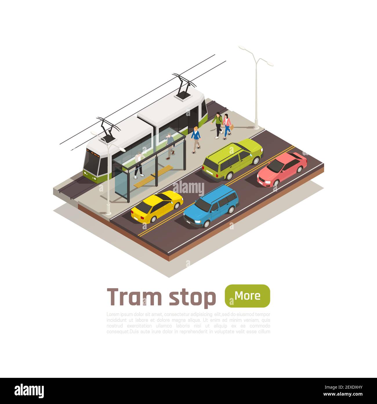 Isometric and colored city composition with tram station and big green ...